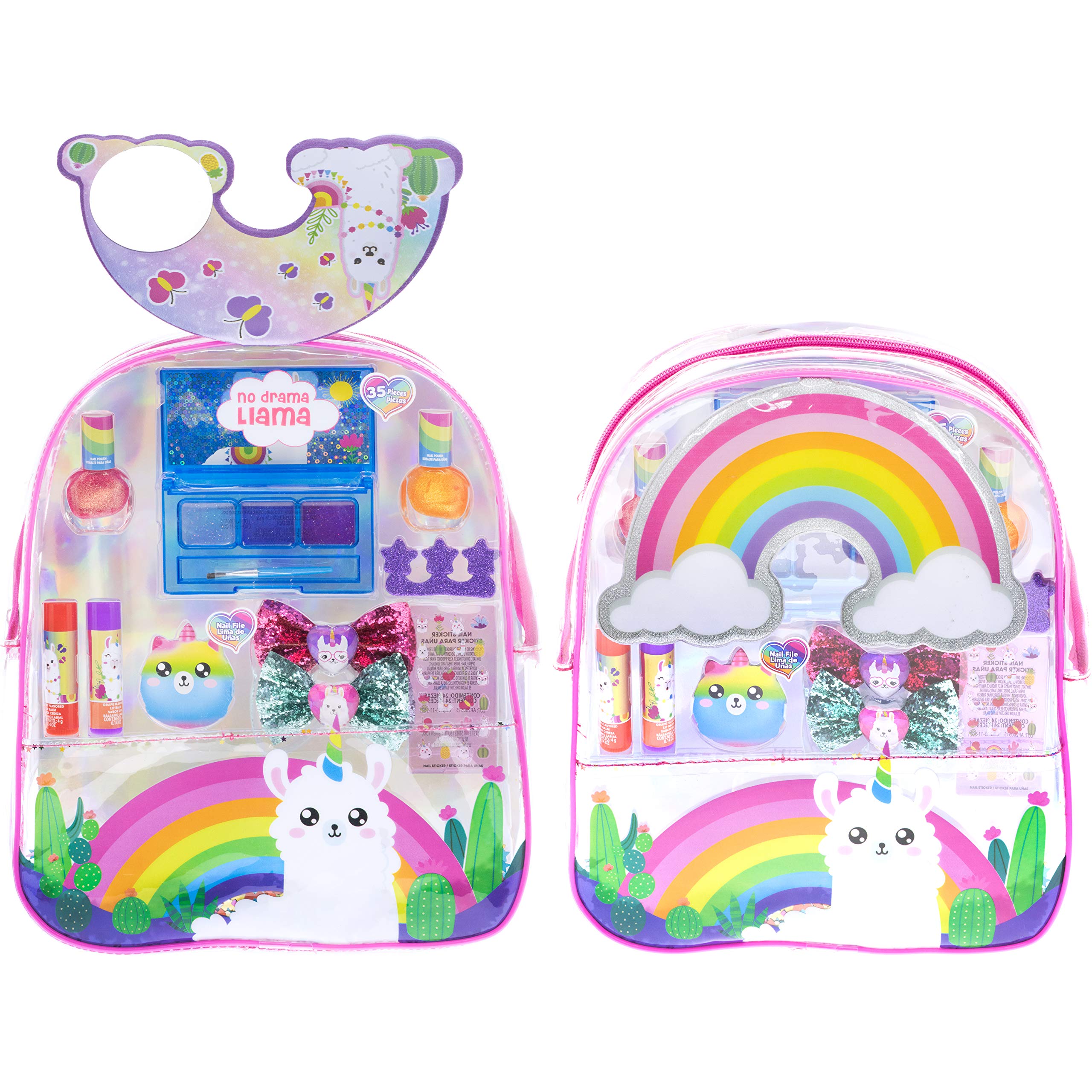 Townley Girl No Drama Llama Makeup Filled backpack Set with 10 Pcs, Including Lip Gloss, Lip Balm, Nail Polish, Nail Stickers, Hair Bows, Flip Up Mirror and More, Ages 3+