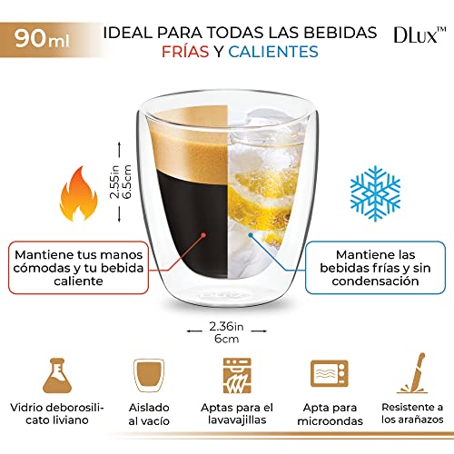 DLux Espresso Coffee Cups 3oz, Double Wall, Clear Glass Set of 2 Glasses, Insulated Borosilicate Glassware Tea Cup Mug