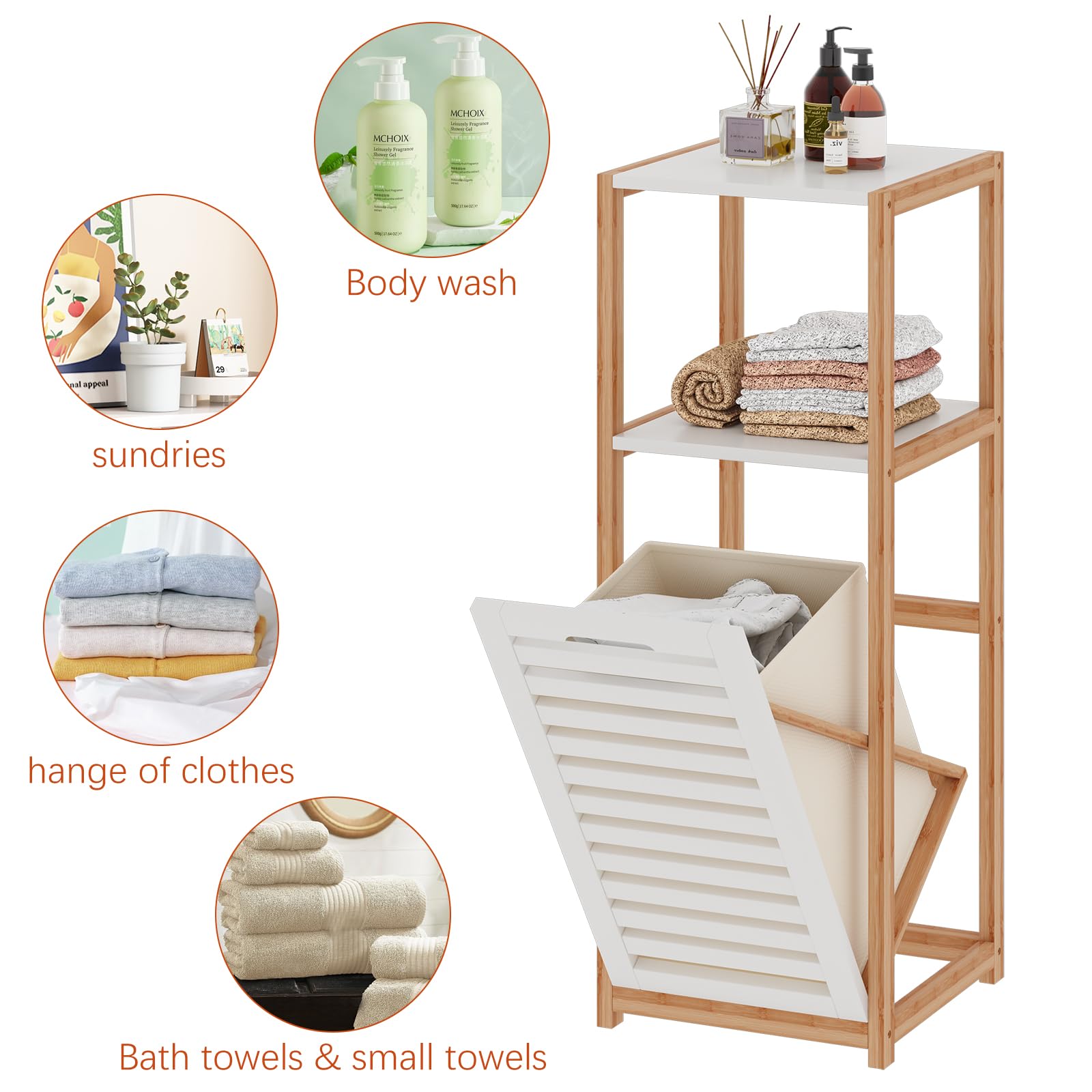 aboxoo Tilt-Out Laundry Hamper Freestanding Clothes Basket Shelf & Removable Liner,Dirty Clothes Hamper Storage Cabinet Laundry Shelf for Bedroom, Laundry Room, Bathroom,White