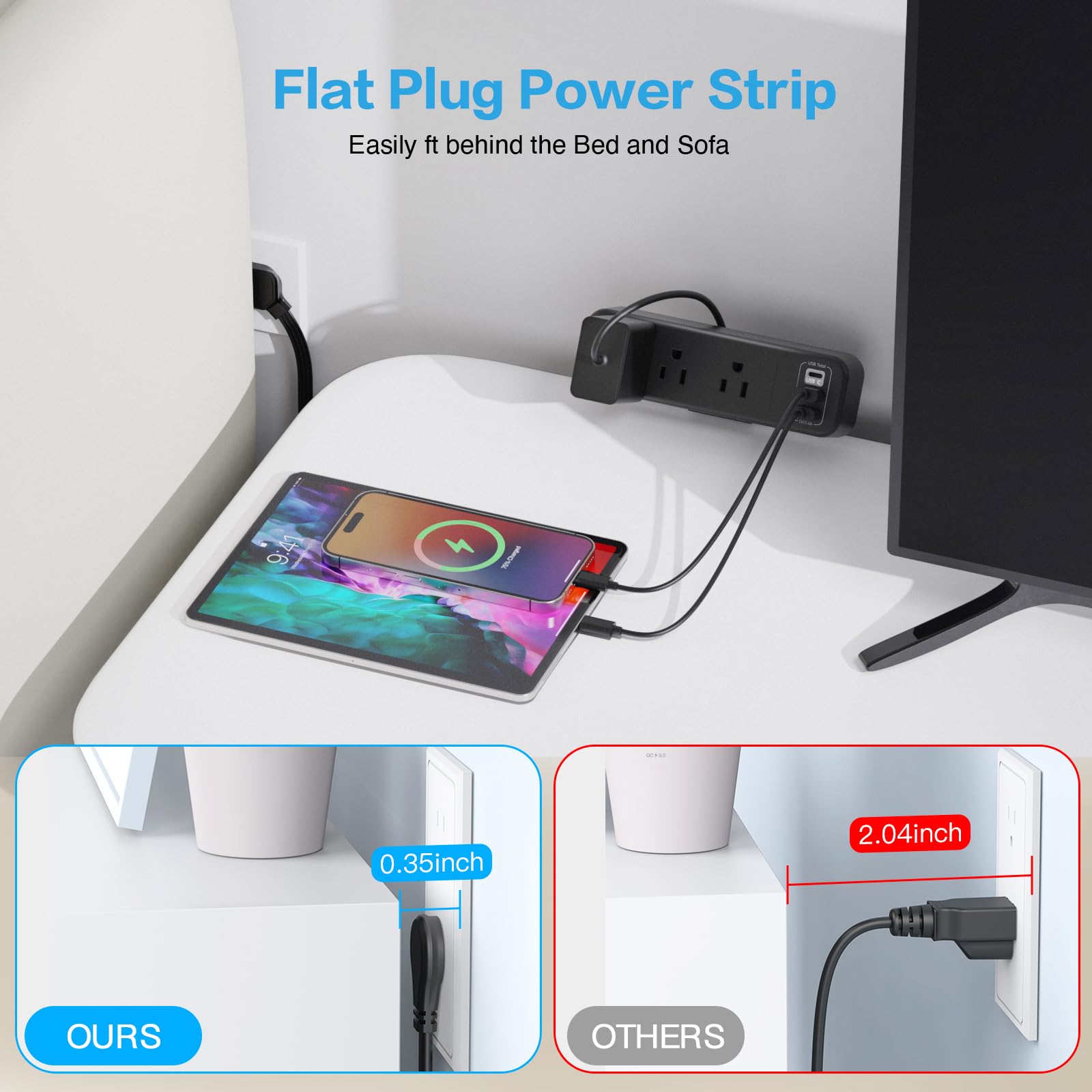 3 Outlet Desk Clamp Power Strip with USB C, Black Flat Plug Desktop Edge Clamp Power Socket Connect 6.5 ft Thin Extension Cord for 1.6 inch Tables