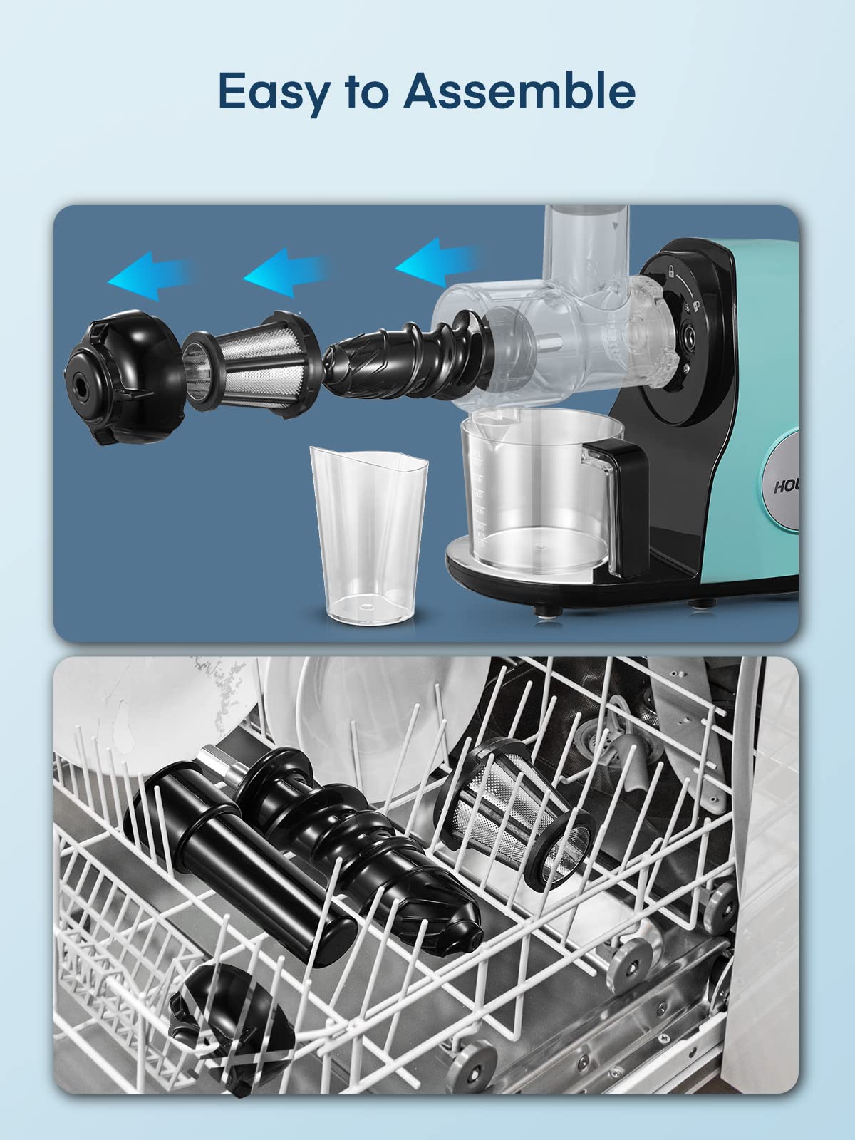 Juicer Machines, HOUSNAT Professional Celery Slow Masticating Juicer Extractor Easy to Clean, Cold Press Juicer with Quiet Motor and Reverse Function for Fruit & Vegetable, Brushes & Recipes Included