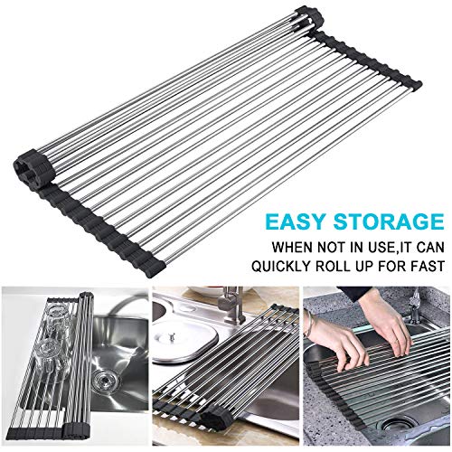 G-TING Dish Drying Rack 17.6" x 16", Over Sink Roll Up Large Dish Drainers Rack, Multipurpose Foldable Kitchen Sink Rack Mat Stainless Steel with Silicone Rims for Dishes, Cups, Fruits Vegetables