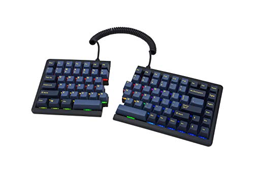 Mistel BAROCCO MD770 RGB Wired + Wireless Bluetooth TKL Split Mechanical Keyboard with Cherry MX Black Switch, Ergonomic Gaming Keyboard, Yellow Letter Glaze Blue PBT DoubleShot Keycaps, Macro Support