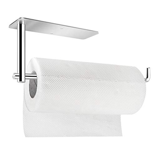 Paper Towel Holder Under Cabinet Mount- Self Adhesive Paper Towel Roll Rack for Kitchen Bathroom Towel, 12 Inch Rolls Wall Mounted & Drilling with Screws, 304 Stainless Steel (Silver, 15)