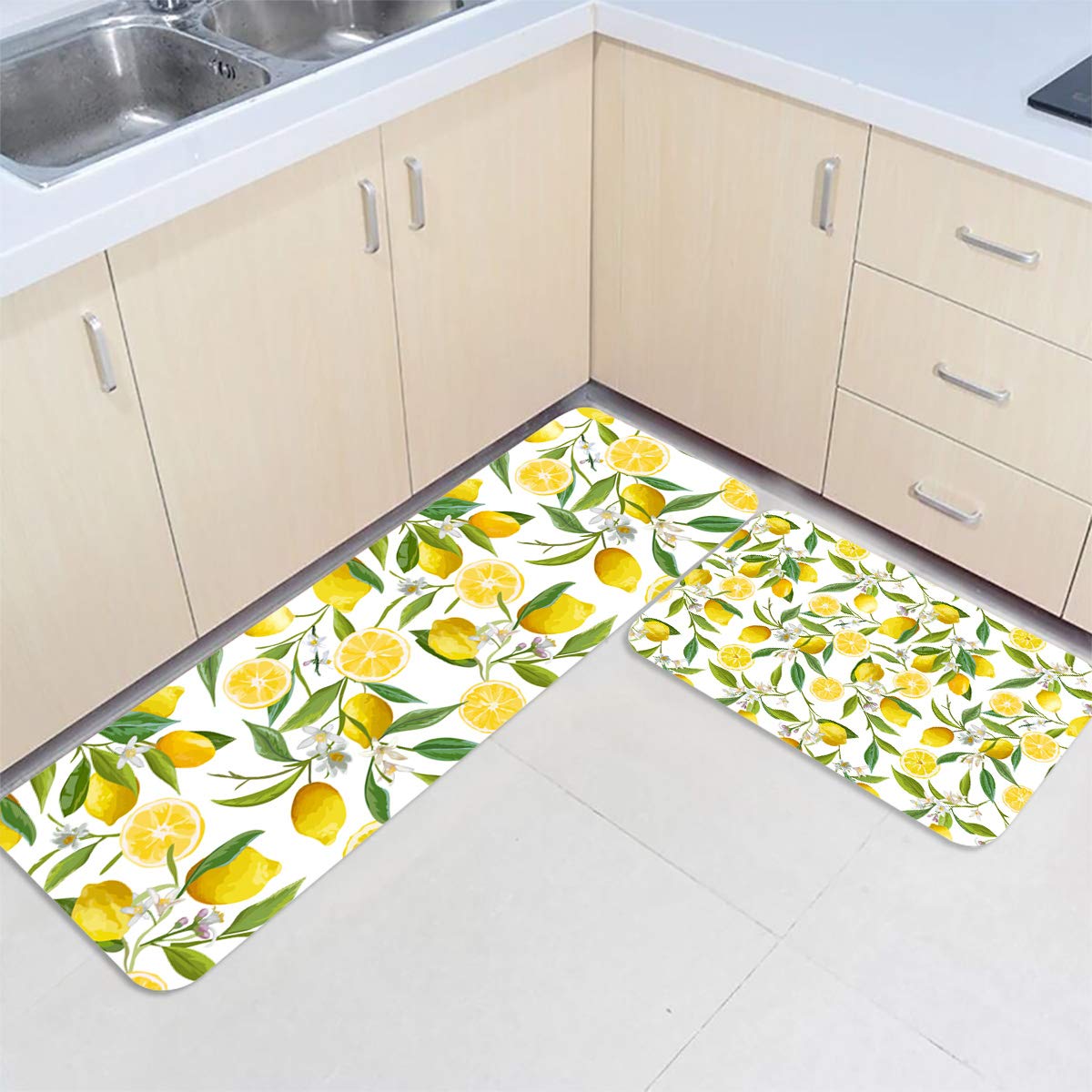 2 Piece Kitchen Mat Set,Summer Fruit Soft Rugs Cushioned Non Slip Area Rug Runner Carpet Water Absorbent Indoor Doormats Yellow Lemon Floal