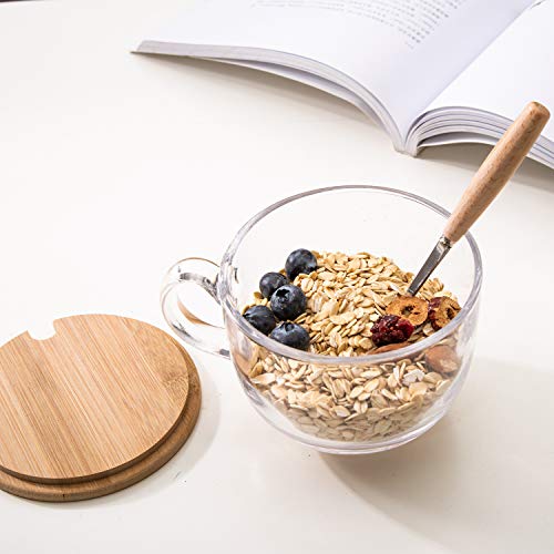 PARACITY Glass Cup 15OZ Clear Coffee Mug with Lids Spoon for Breakfast Tea,Milk,Beverage,Oats,yoghurt