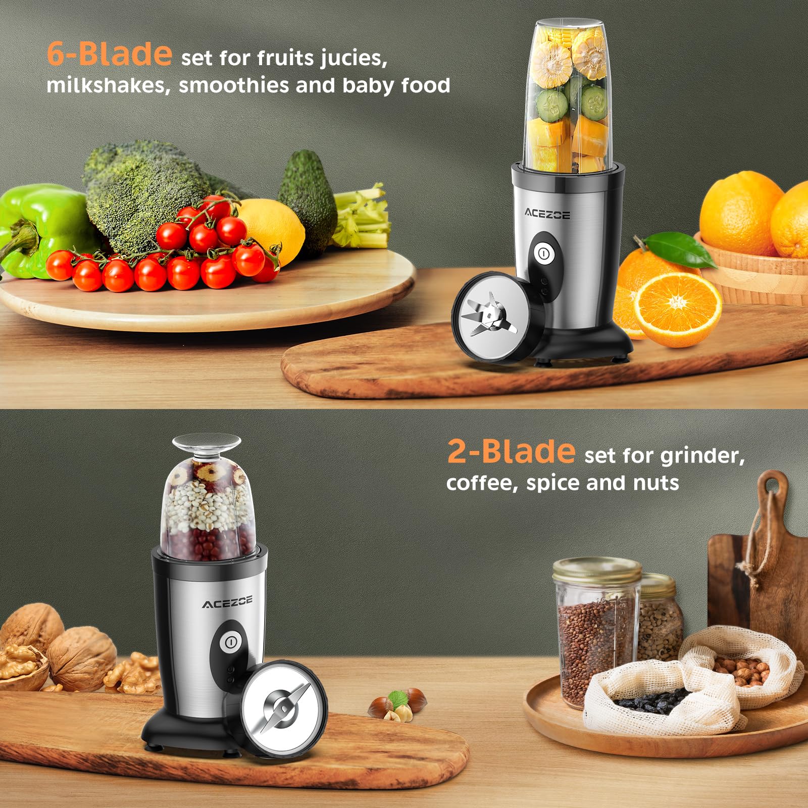 Acezoe Blender Shakes and Smoothies, 850W Portable Blender, One-Button Mixer, 3D 6-leafs, 2x17oz Personal Blender Bottle, BPA Free Kitchen, baby food, Grinding, Juice-Silver
