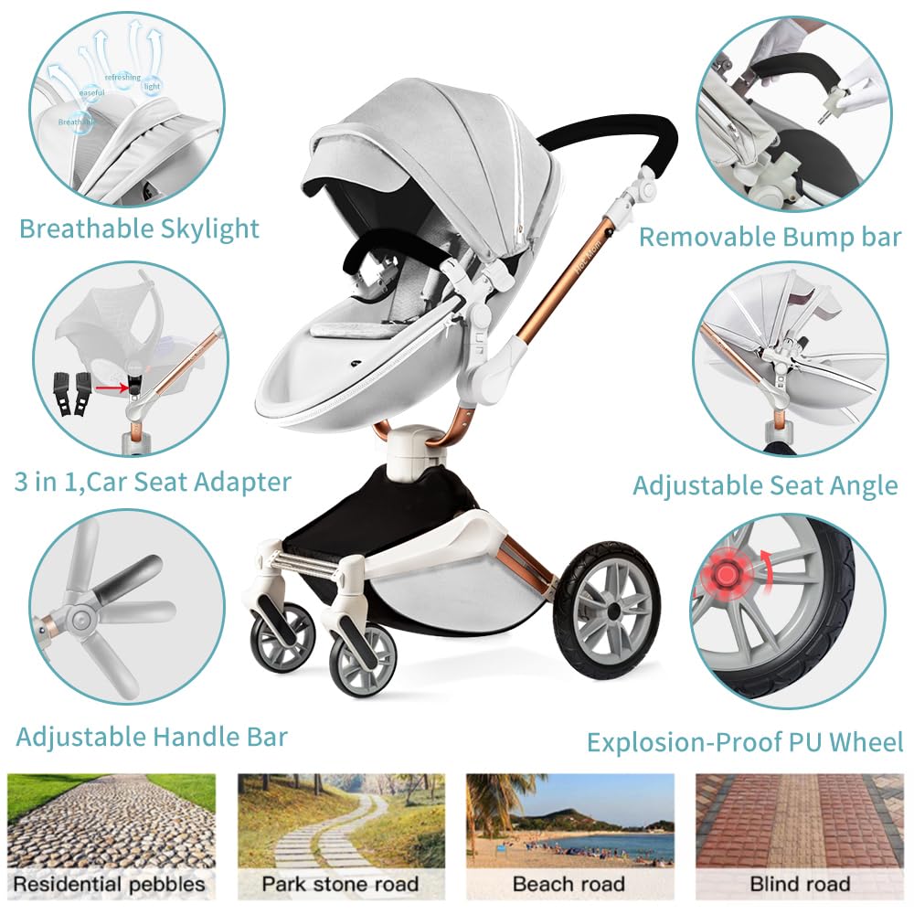 Hot Mom Baby Stroller 360 Rotation Function,Hot Mom Baby Carriage Pu Leather Pushchair Pram,F23 (Grey)