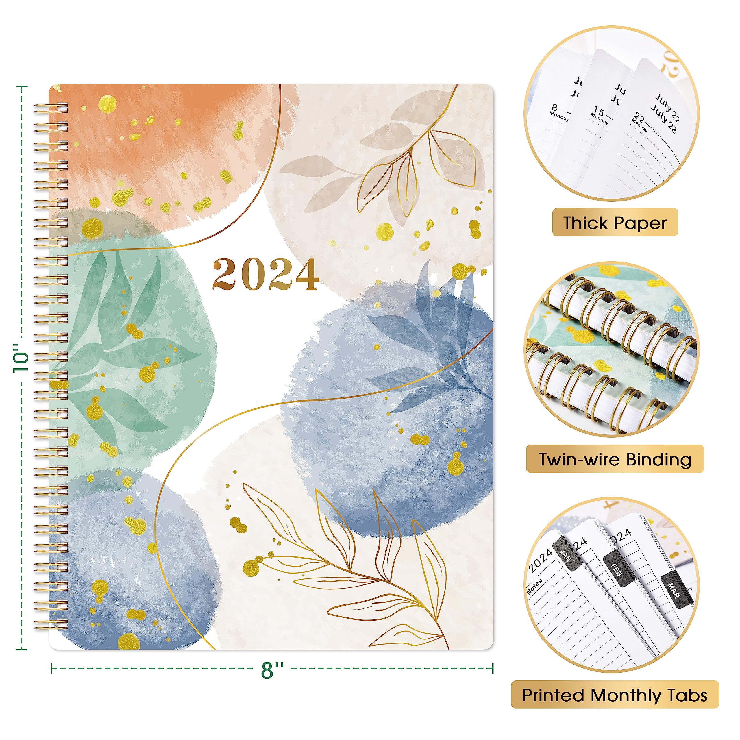 2024 Planner - Planner/Calendar 2024, Jan. 2024 - Dec. 2024, 2024 Planner Weekly and Monthly with Printed Tabs, 8" x 10", Flexible Cover with Thick Paper + Twin-Wire Binding - Waterink