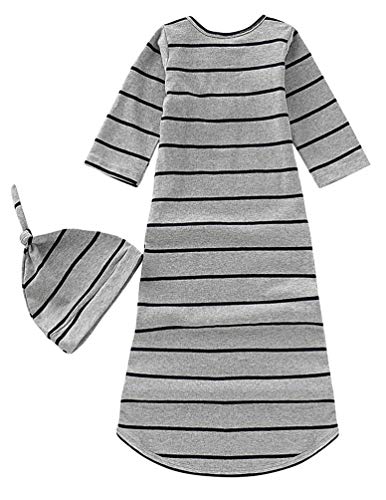 COLOOM Infant Baby Gown Newborn Knotted Sleeper Striped Sleep Gowns Swaddle & Cap (Grey Stripes, 0-6Months)