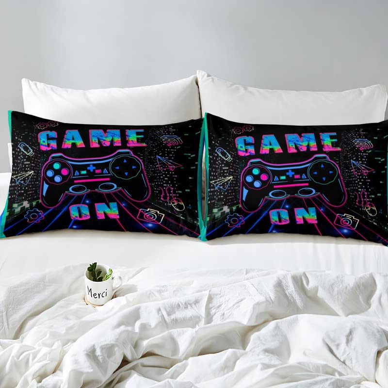 Gaming Bedding Set Full Size for Kids Boys Gamer Room Decor Gaming Comforter Cover Set Teens Bedroom Microfiber Soft Video Game Controller Gamepad Blue Green Bed Duvet Cover Set with 2 Pillowcase