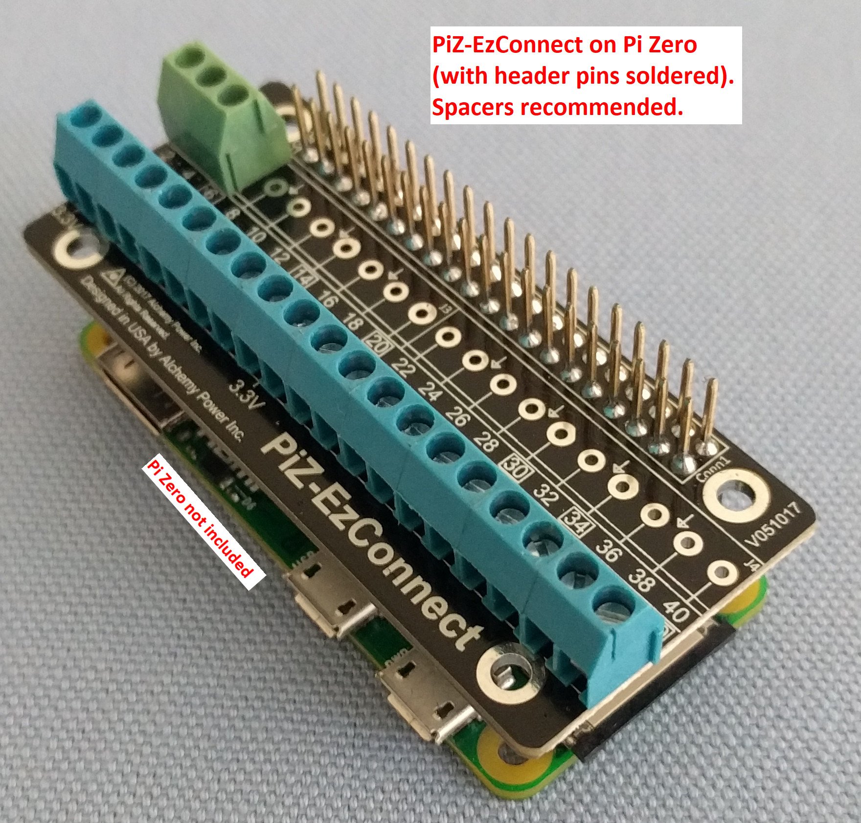 Alchemy Power Inc. Pi-Zero-EzConnect. Pi-Zero size GPIO connector. A HAT to connect GPIOs and sensors to Raspberry Pi Zero, Pi Zero W, Pi-3, or Pi-2.