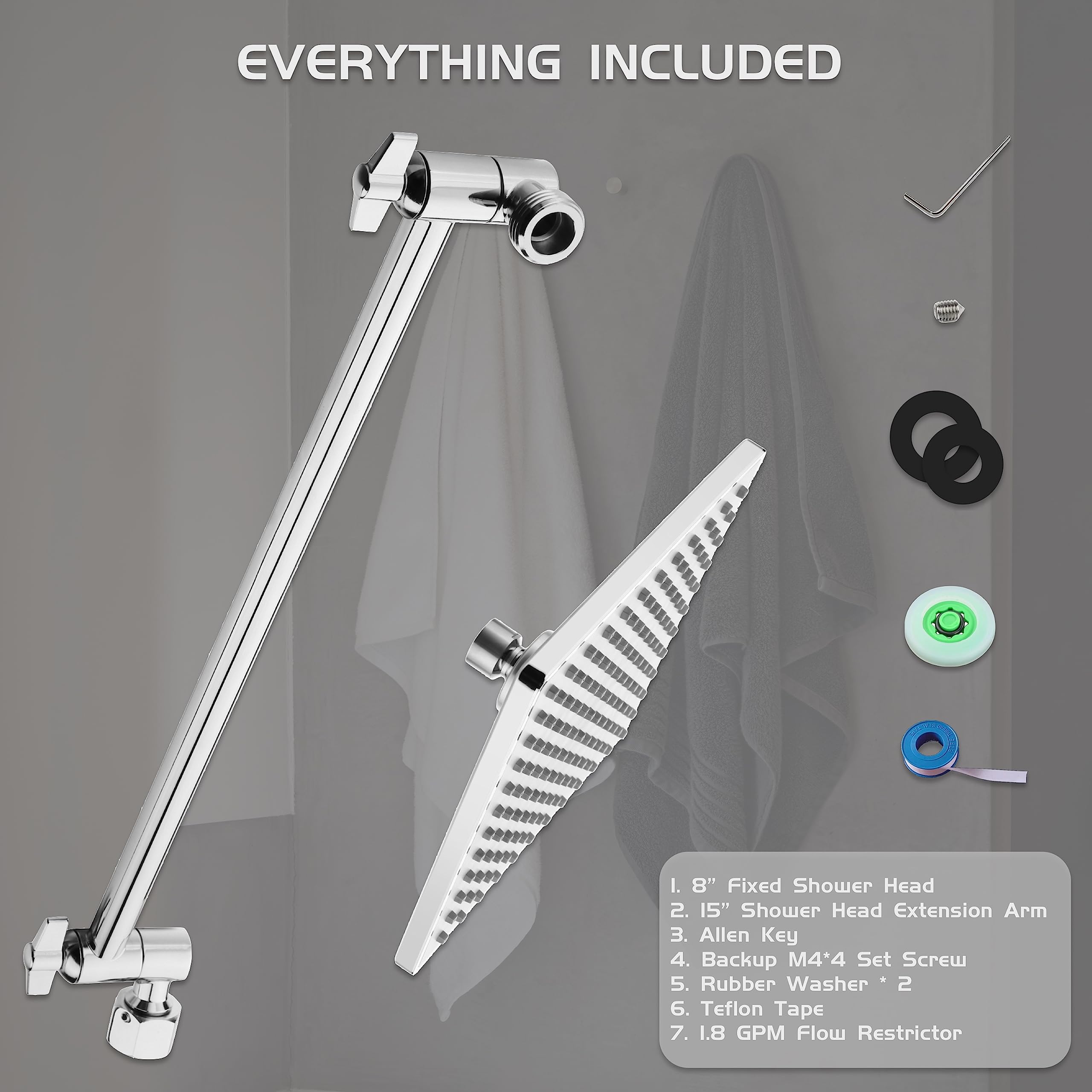 8'' Rain Shower Head with 15'' Extension Arm- ๐ฎ ๐ณ๐ผ๐ฟ ๐ญ ๐๐ผ๐บ๐ฏ๐ผ Large Surface Fixed Square Shower Head- Extra Long Adjustable Shower Head Extension Arm- Singing Rain Ultimate Shower Experience