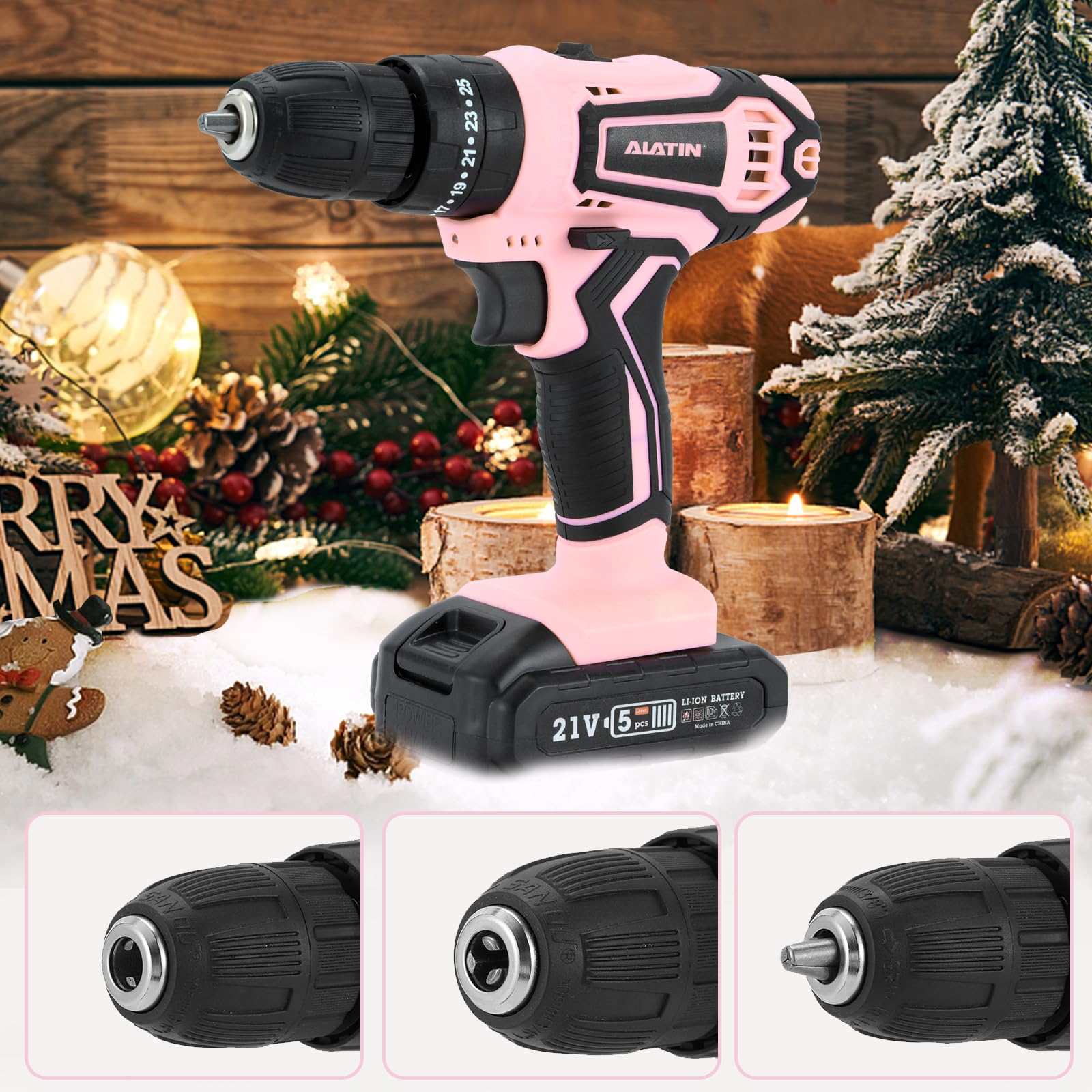 ALATIN Pink Cordless 21V Lithium-ion Drill Driver Set, 1 Battery, Charger and Storage Bag Included - Pink Ribbon