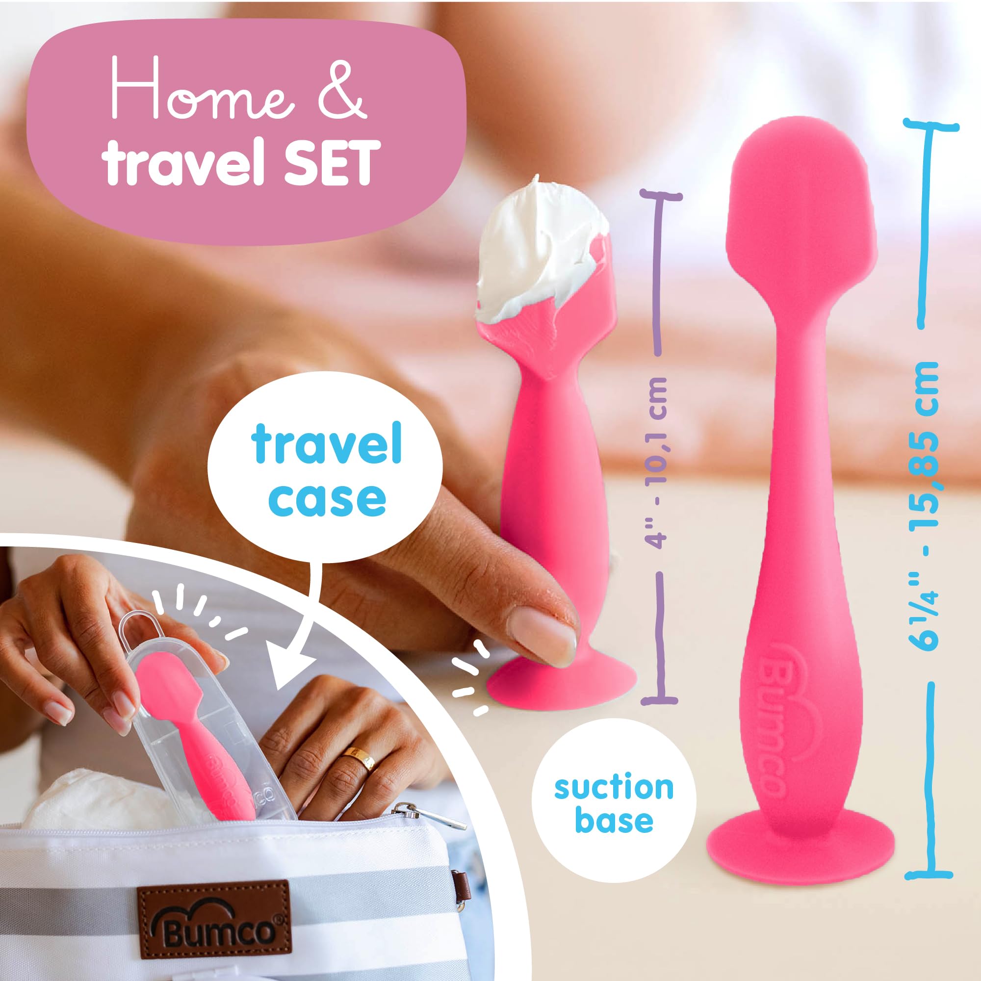 Bumco Baby Bum Brush + Mini Baby Diaper Cream Spatula with Case - BPA-Free Silicone Diaper Spatula with Suction Cup, Wipe-Clean, Mom-Invented Butt Paste Applicator (Pink & Pink)
