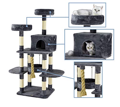 Go Pet Club 61.5" Jungle Rope Cat Tree Kitty Condo Tower House Furniture with Swing Bed for Indoor Cats, Slate Gray