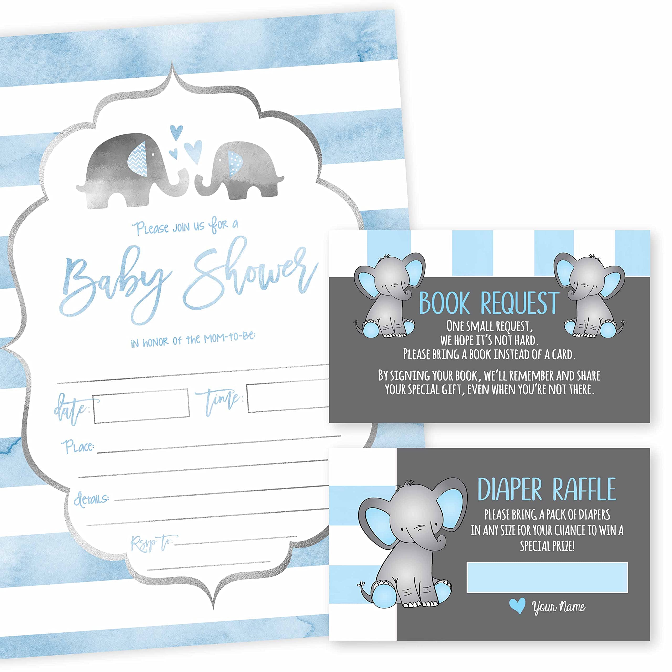 Hadley Designs 50 Fill in Baby Shower Invitations, 25 Books For Baby Shower Request Cards, 25 Baby Shower Diaper Raffle Tickets For Baby Shower Boy, Cute Elephant Jungle Write in Diaper Raffle Cards