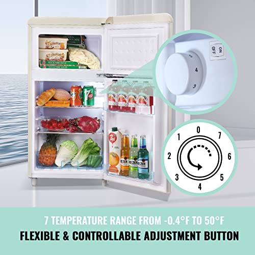 DEMULLER Retro Mini Refrigerator 3.5 CU.FT Dual Door Fridge with Handle Removable Glass Shelves 7 temperature control levels for Dorm, Office, Bedroom