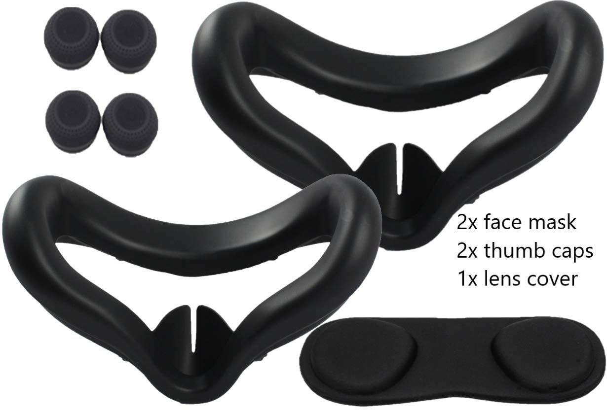 2X TNE Face Cushion Cover, 1x Lens Pad, 2X Thumbstick Cap for Oculus Quest 2 | 2 Pack Silicone Face Mask w/Controller Thumb Grips & Lens Dust Protector Accessories for Quest 2 Headset (Black+Black)