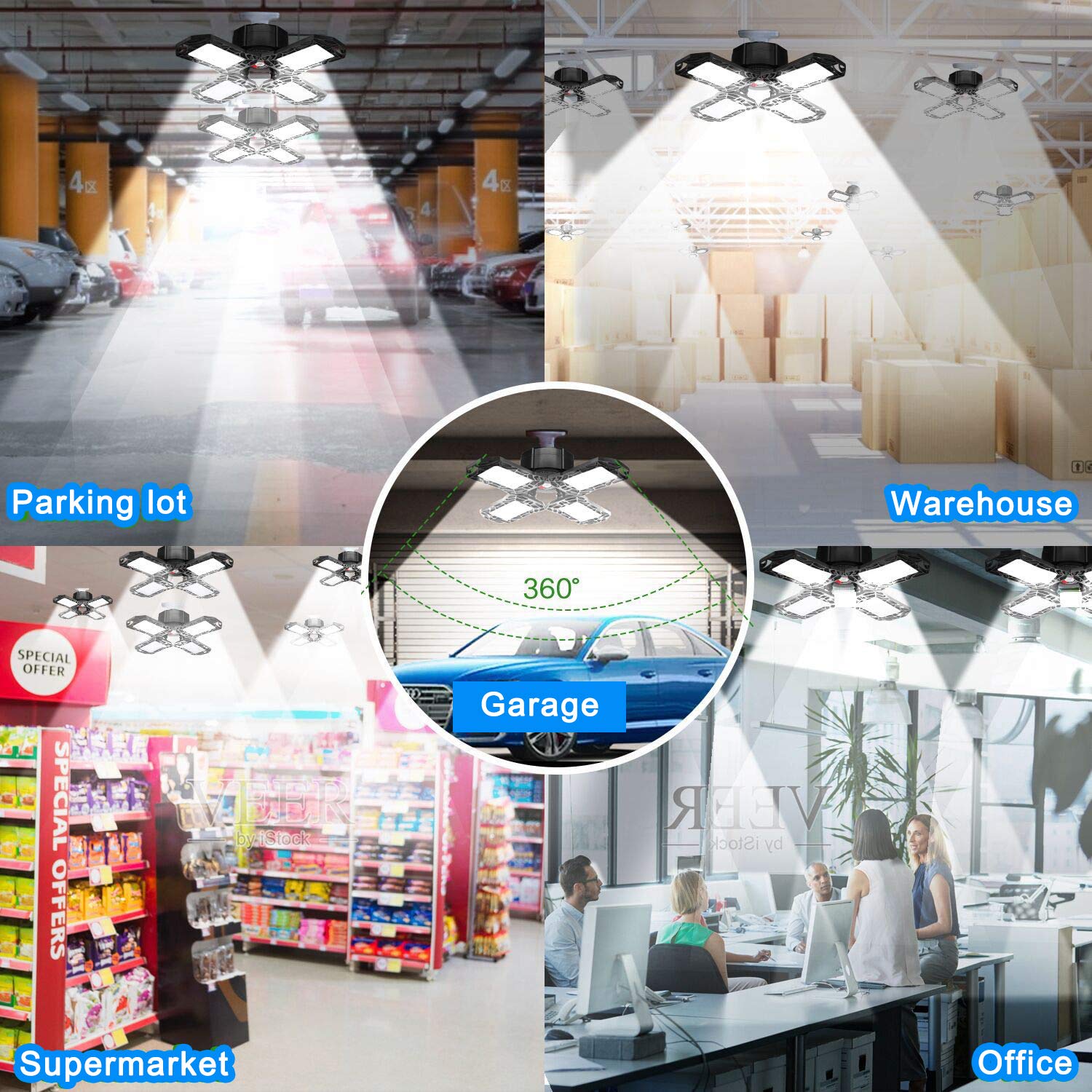 2 Pack LED Garage Lights 120W,4 Panels 12000lm Deformable Garage Ceiling Light, Shop Light Fixture Quadruple Glow Adjustable Garage Lighting Bulb E26/E27, Led Lights for Garage,Warehouse,Workshop,Barn