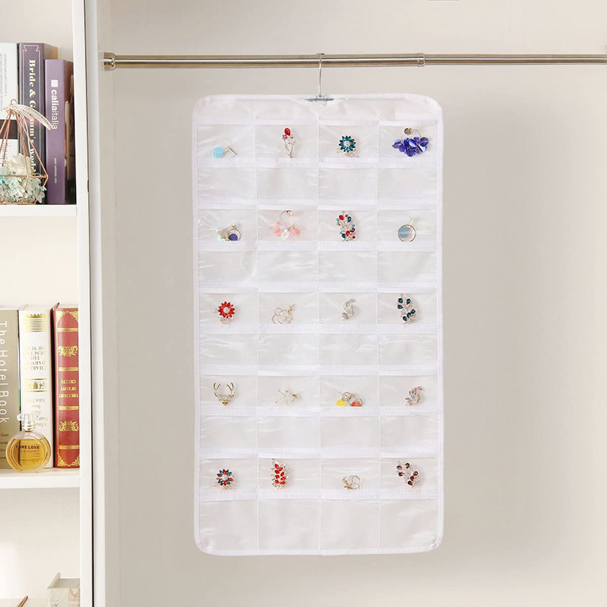 AARAINBOW Hanging Jewelry Organizer Dual-Sided Closet Accesoory Organizer with 80 Pockets Jewelry Hanger for Earrings, Necklaces, Rings on Closet, Wall, Door (White)