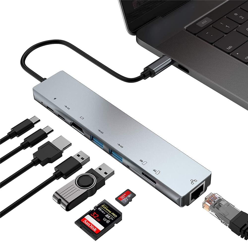8-in-1 USB-C Hub Docking Station Adapter with 4K HDMI HD Display / 87W USB-C PD3.0 Power Delivery / USB-C Data Transmission / 2 * USB 3.0 / RJ45 Ethernet / Memory Card Readers