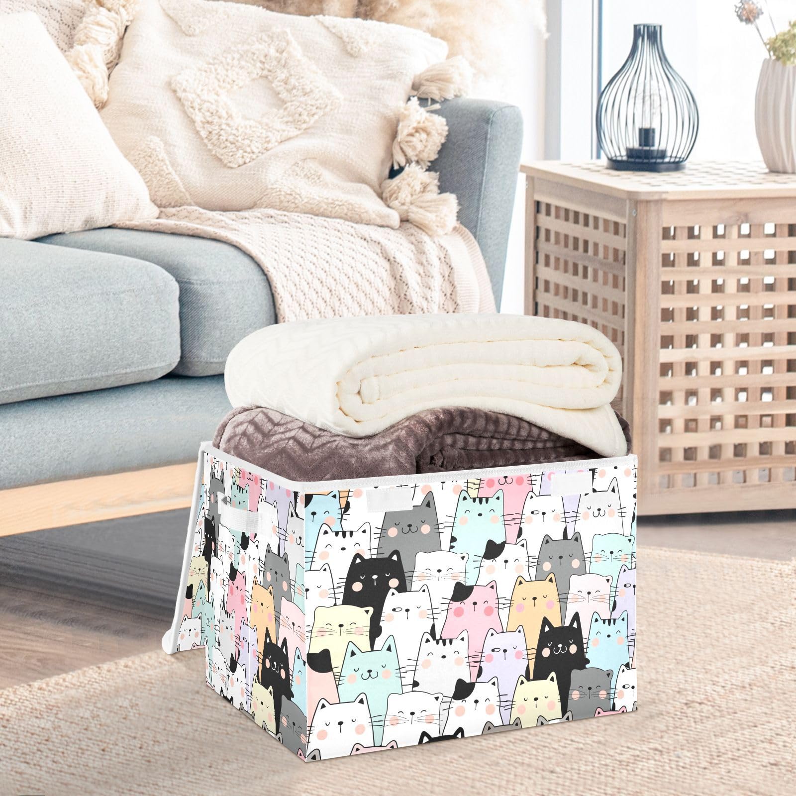 ALAZA Collapsible Large Storage Bin with Lid, Cute Cat Funny Face Foldable Storage Cube Box Organizer Basket with Handles, Toy Clothes Blanket Box for Shelves, Closet, Nursery, Playroom