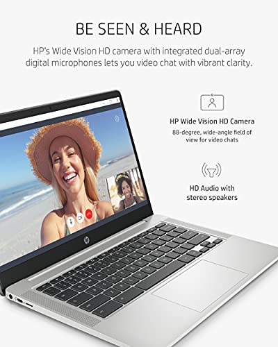 HP Chromebook 14a Laptop, AMD 3015Ce Processor, 4 GB RAM, 32 GB eMMC Storage, 14-inch Micro-Edge HD Display, Google Chrome OS, Anti-glare Screen, Long-Battery Life (14a-nd0010nr, 2021, Mineral Silver)