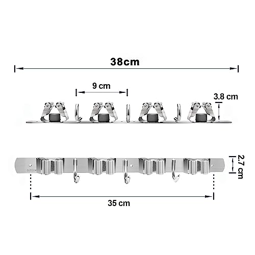 Bosszi Mop and Broom Holder, 3 Positions 4 Hooks Heavy Duty Hanger Wall Mounted Stainless Steel Organizer for Holders, Home Laundry Bathroom, Garage Storage System Utility Tools Rack Storage, Grey