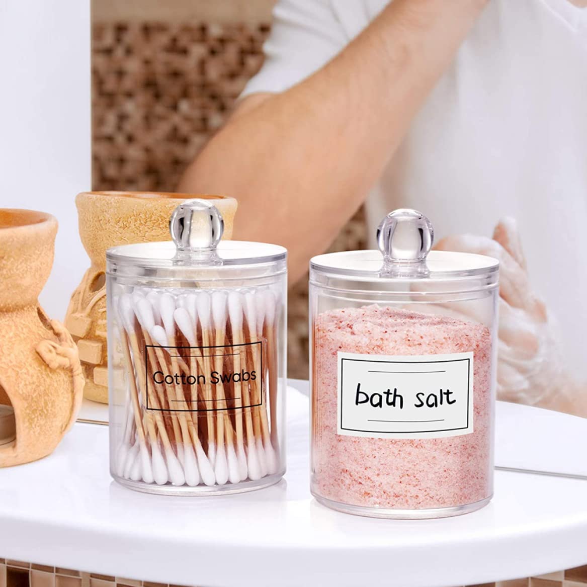 4 Pack Holder Dispenser for Cotton Ball, Cotton Swab, Cotton Round Pads, Floss - 10 oz Clear Plastic Apothecary Jar Set Storage Organization, Vanity Makeup Organizer