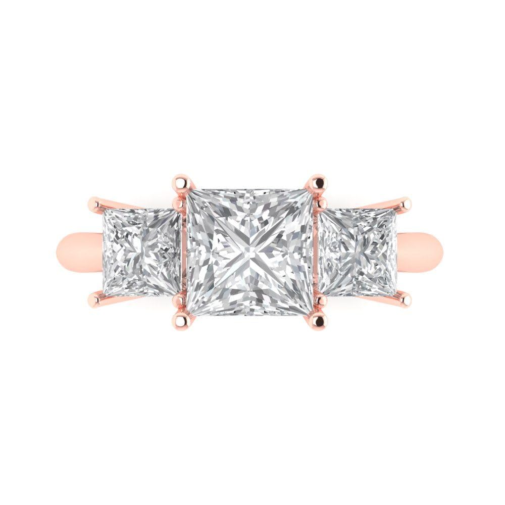 2.62 Ct Princess Cut Clear Simulated Diamond 14K Rose Gold Solitaire with Accents 3 Stone Engagement Anniversary Ring Size 10