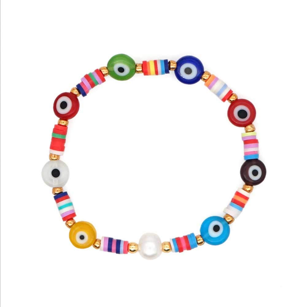 2Pcs/Set Rainbow Clay Beads Evil Eye Bracelets Set Stackable Beaded Handwoven Colorful Bracelet Surfer Summer Boho Layering Friendship Jewelry for Women Men Girls Boys Beach Gift