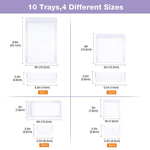 Puricon [10 Pcs] Desk Drawer Organizers, Plastic Clear Organizing Bins, Bathroom Organizers Storage Container Vanity Tray for Makeup Dresser Toilet Kitchen Office