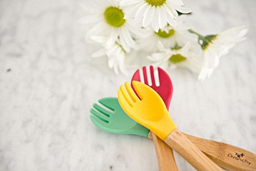 Avanchy Baby Fork Set, Bamboo and Silicone Spork Utensils, Toddler Baby Led Weaning Silverware Cutlery Flatware, Kids First Self Feeding, 2 Pack, 5 Pack, with Pink Fork