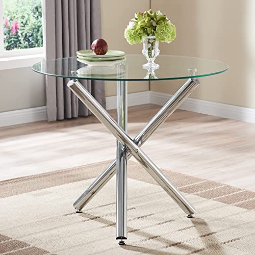 Round Glass Dining Table for 2 to 4 Person - 35.4" Inch Kitchen Dining Room Table with Tempered Glass Top, Sturdy Chrome Legs, Modern Circle Leisure Table for Dinner Apartment Small Spaces