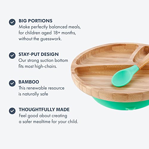 Avanchy Toddler Baby Plates Divided Bamboo, Suction for Babies Kids Toddler Food with Silicone Spoon for Feeding, Green
