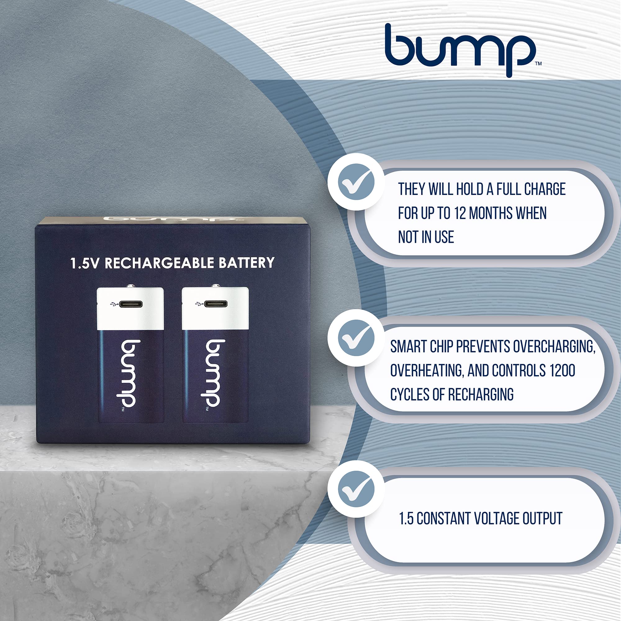 bump D 1.5V Rechargeable Batteries - 2 Pack - Lithium Ion, 12000 mWh, Fast & Long Lasting USB-C Charge, Use in Flashlights, Devices w/Extended Running Time Requirements, Charger Cable Included