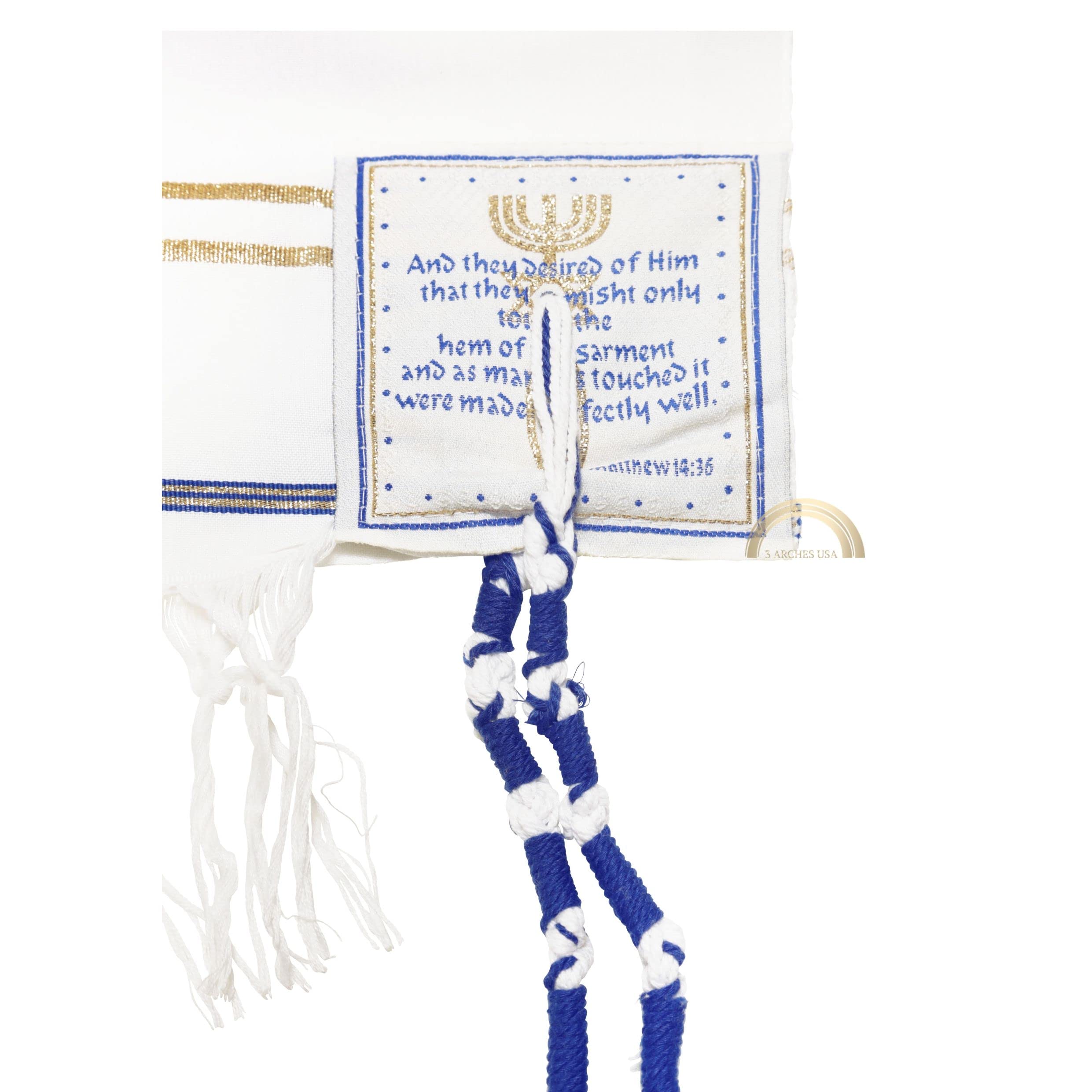 3 ARCHES USA, New Covenant Prayer Shawl Christian, Royal Blue Messianic Tallit 72”X22” With Bag, Israel Design.