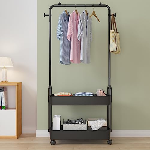 ACCSTORE Metal Clothing Racks, Freestanding Trolley Coat Rack With Wheels,Garment Rack For Storage,Clothes Rack,Heavy Duty Clothing Rack,Garment Racks With 2 Tier Plastics Storage Shelf,Black