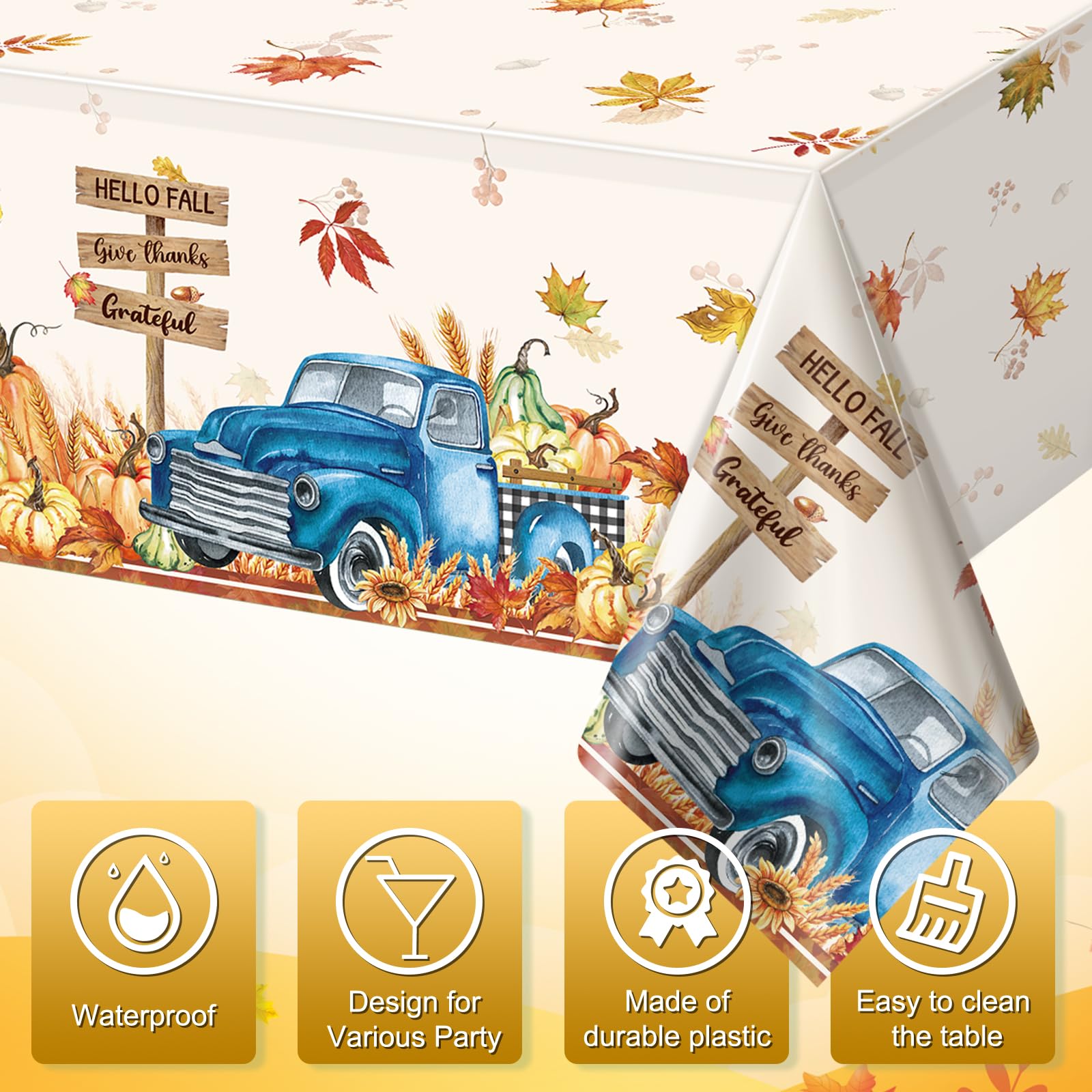 3 Pack Fall Tablecloth for Rectangle Tables, Disposable Fall Pumpkin Thanksgiving Table Cover, Maple Leaf Truck Fall Farmhouse Plastic Table Cloth for Autumn Thanksgiving Harvest Party Decorations