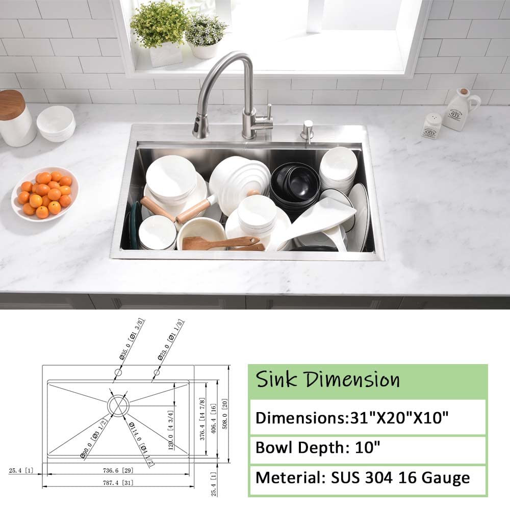 31 Inch Drop In Kitchen Sink Workstation- Wesliv 31x20 Inch Drop Sink Topmount Ledge Workstation Stainless Steel 16 Gauge Single Bowl Overmount Kitchen Sink with Cutting Board