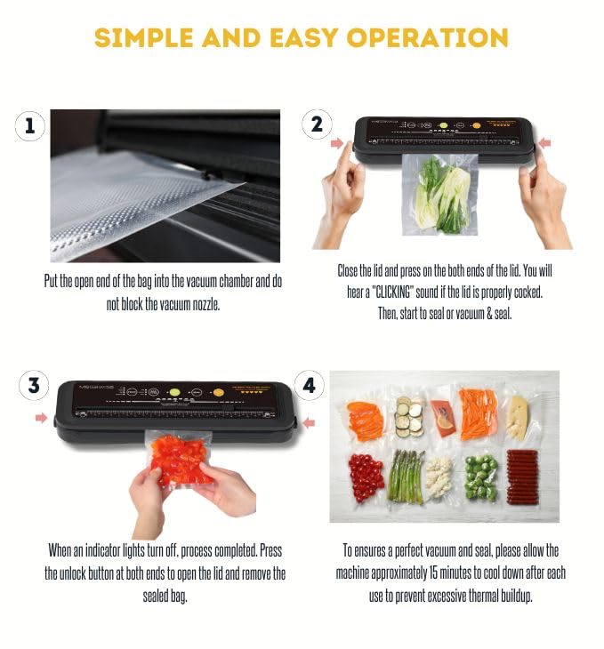 2023 Model B Megawise Powerful & Compact Vacuum Sealer Machine One-Touch Automatic Food Sealer 4 Food Types (Cold Wet Moist Dry) & 3 Bag types (Thick Medium Thin）OMNI MACHINE (Black)