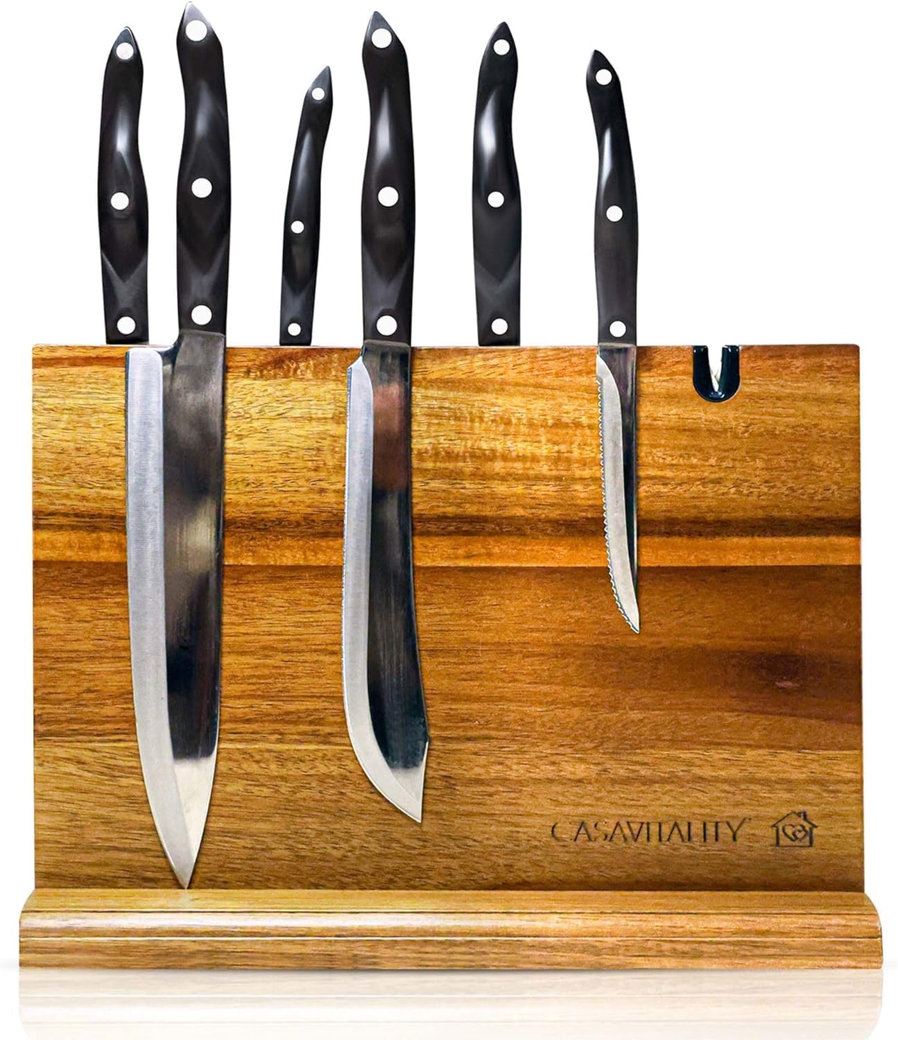 Acacia Wood Magnetic Knife Block 14 x 10" - Double Sided Magnet Knife holder - Magnetic Knife Board W/Knife Sharpener - Knife Holder for Kitchen Counter - Detachable Knife Display Stand