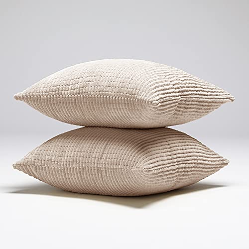 Deconovo Throw Pillow Covers Corduroy 18x18 Inch Cream Stripe Pattern Square Soft Cushion Covers for Couch Bedroom Sofa Living Room Bed Chair Solid Pack of 2