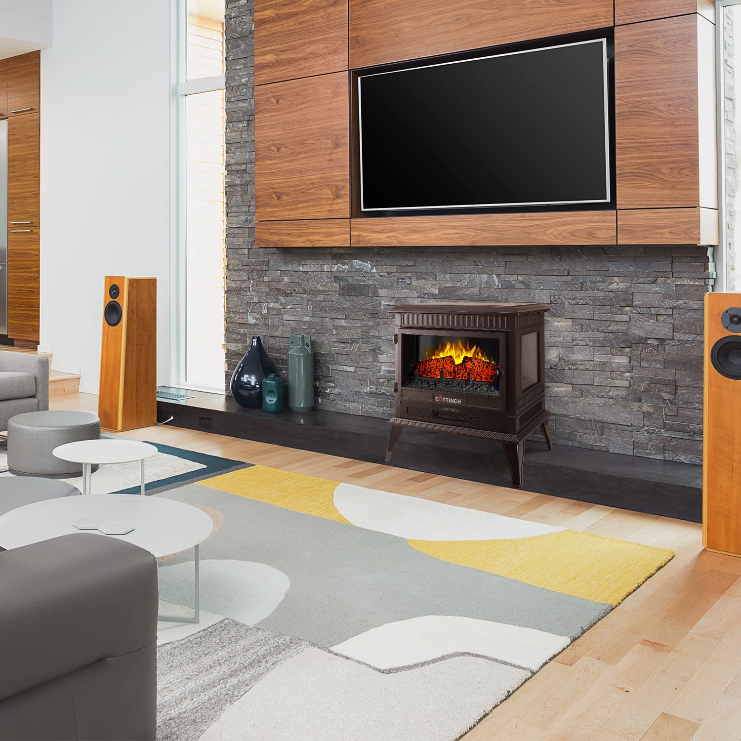 25 inch Electric Fireplace Heater Portable for Indoor, Living Room, Large Room, Logs with Lights, Fireplace Heater 3D Flame Effects Adjustable Brightness Remote Control 1400W Brwon