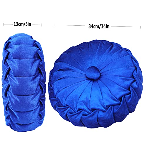 ANQILEE Royal Blue Velvet Round Pillow Pumpkin Round Cushion Throw Pillow 3D Craftsmanship HandmadePleated for Couch Decorative Floor mats Car Pillows