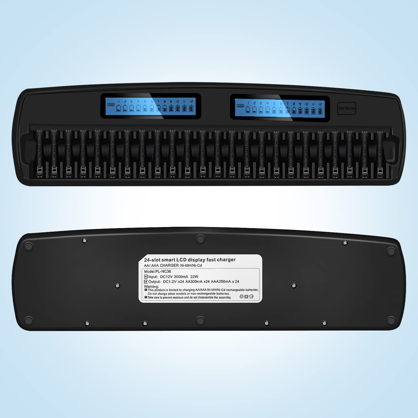 24 Bays Smart AA AAA Rechargeable Battery Charger with LCD Display for 1.2V NiMH NiCD Rechargeable Battery with Refresh Function with 24 x AA Battery Storage Case