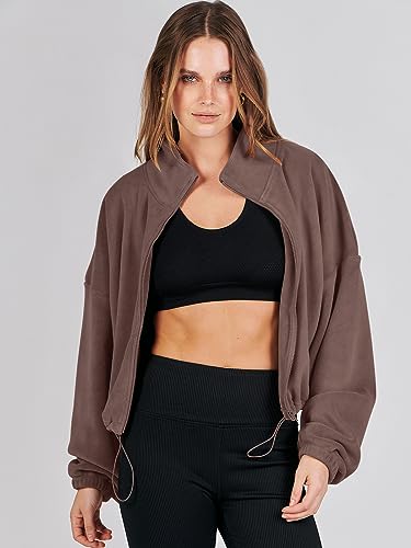 ANRABESS Jacket for Women Full Zip Oversized Fleece Crop Sherpa Coat Long Sleeve Drop Shoulder Stand Collar Drawstring Hem Soft Cozy Thick Trendy Winter Tops Outfits 1097qianzong-L