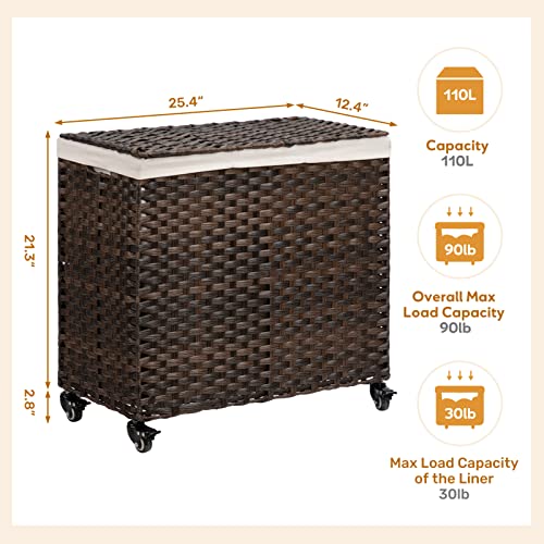 ALIMORDEN Wicker Laundry Hamper with Lid and Wheels 110L Clothes Laundry Basket with Removable Liner Bags Large Hampers for Laundry Organizer 3 Sections for Bedroom Closet Laundry Room Bathroom Brown