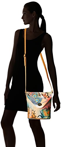 Anna by Anuschka Genuine Leather V-Shap Flap Crossbody Bag | Hand-Painted Original Artwork | Peacock Collage